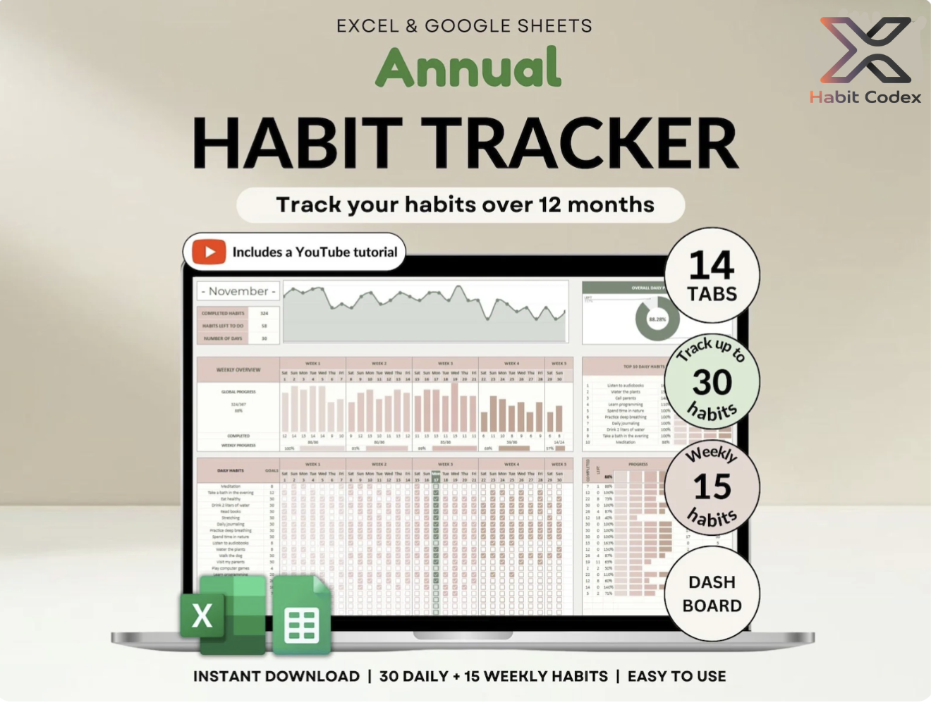 Habit Tracker for Excel & Google Sheets – Habit Codex